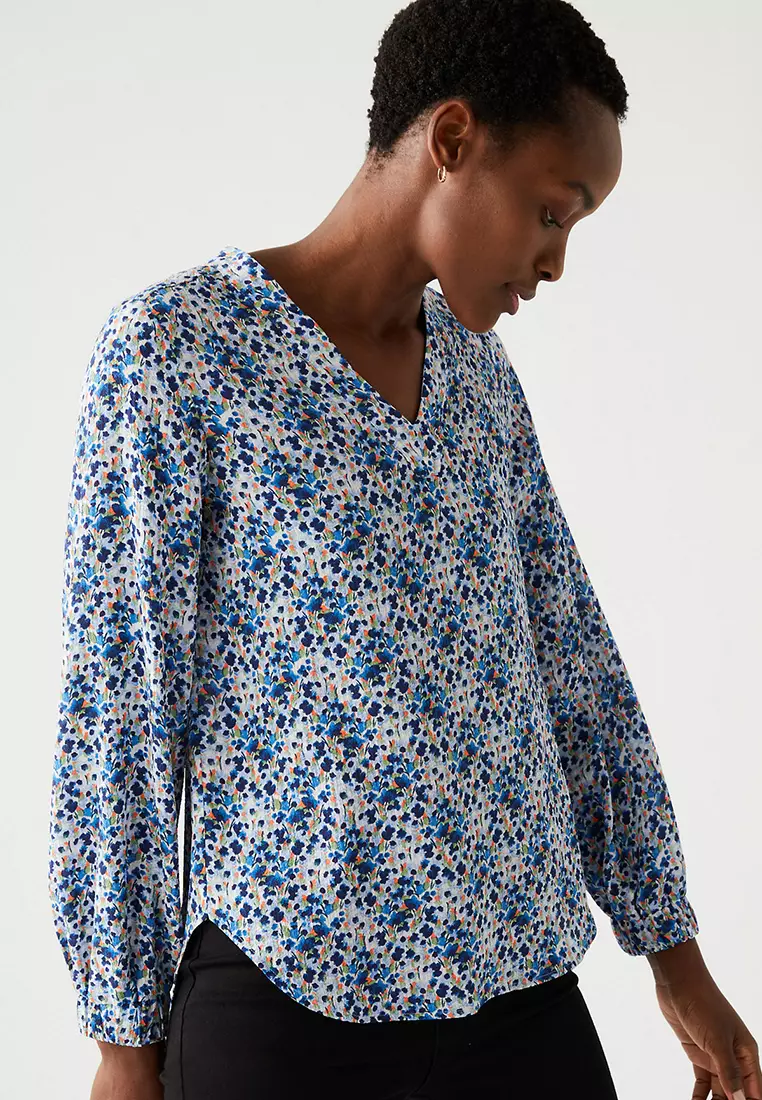 Jual Marks & Spencer Printed V-Neck Oversized Popover Blouse Original ...