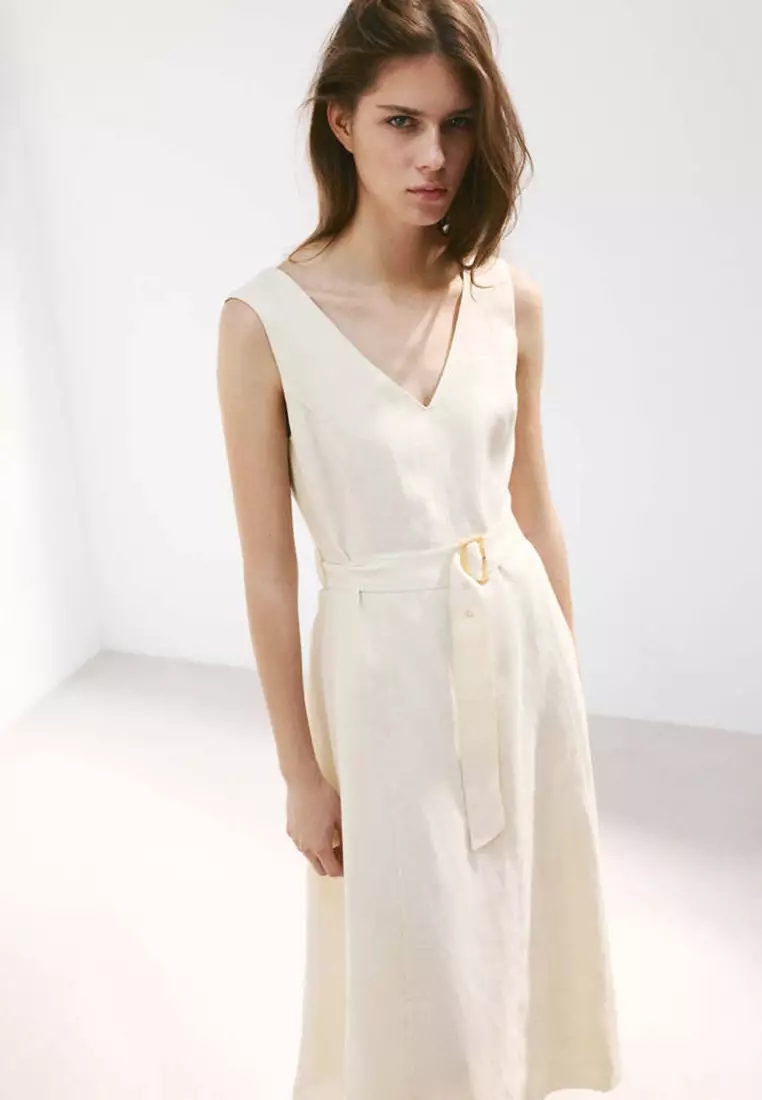 Buy Mango Linen Midi-Dress With Belt 2026 Online | ZALORA