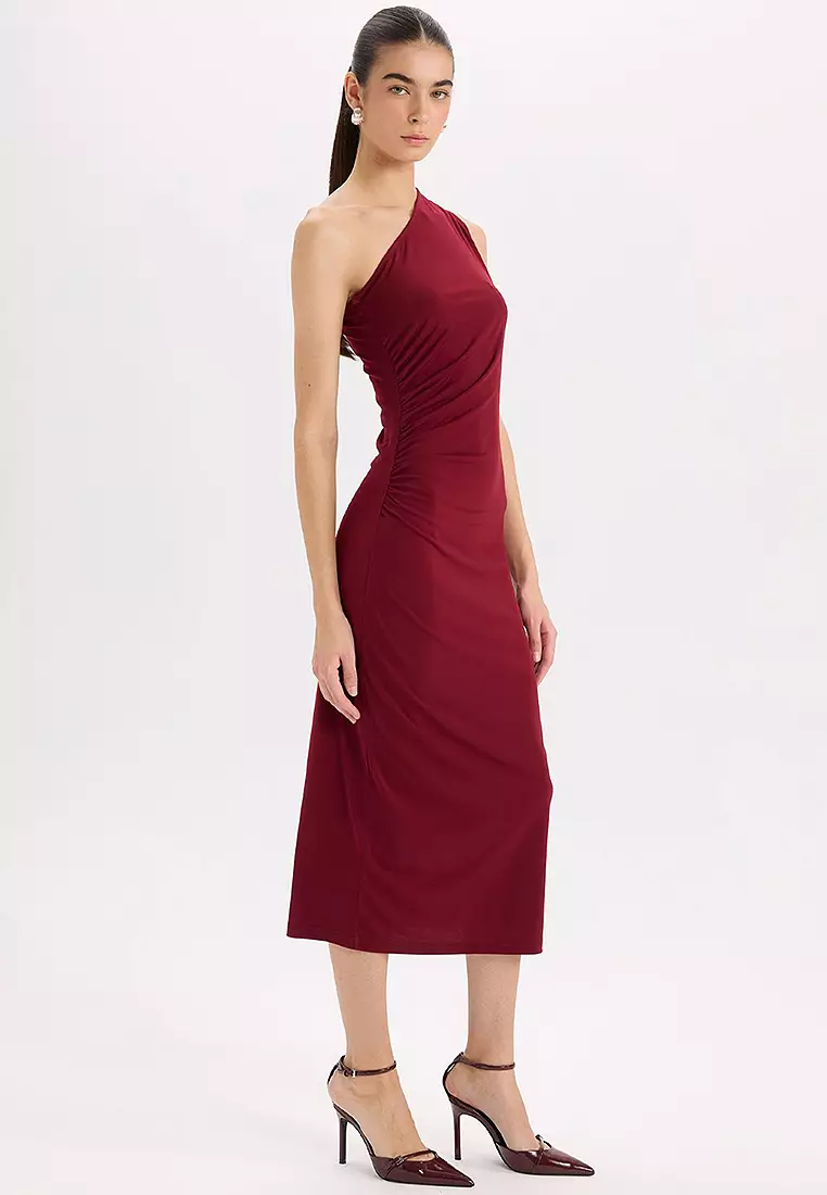 Buy DeFacto Bodycon Body-Hugging Basic Plain One Shoulder Burgundy Midi ...