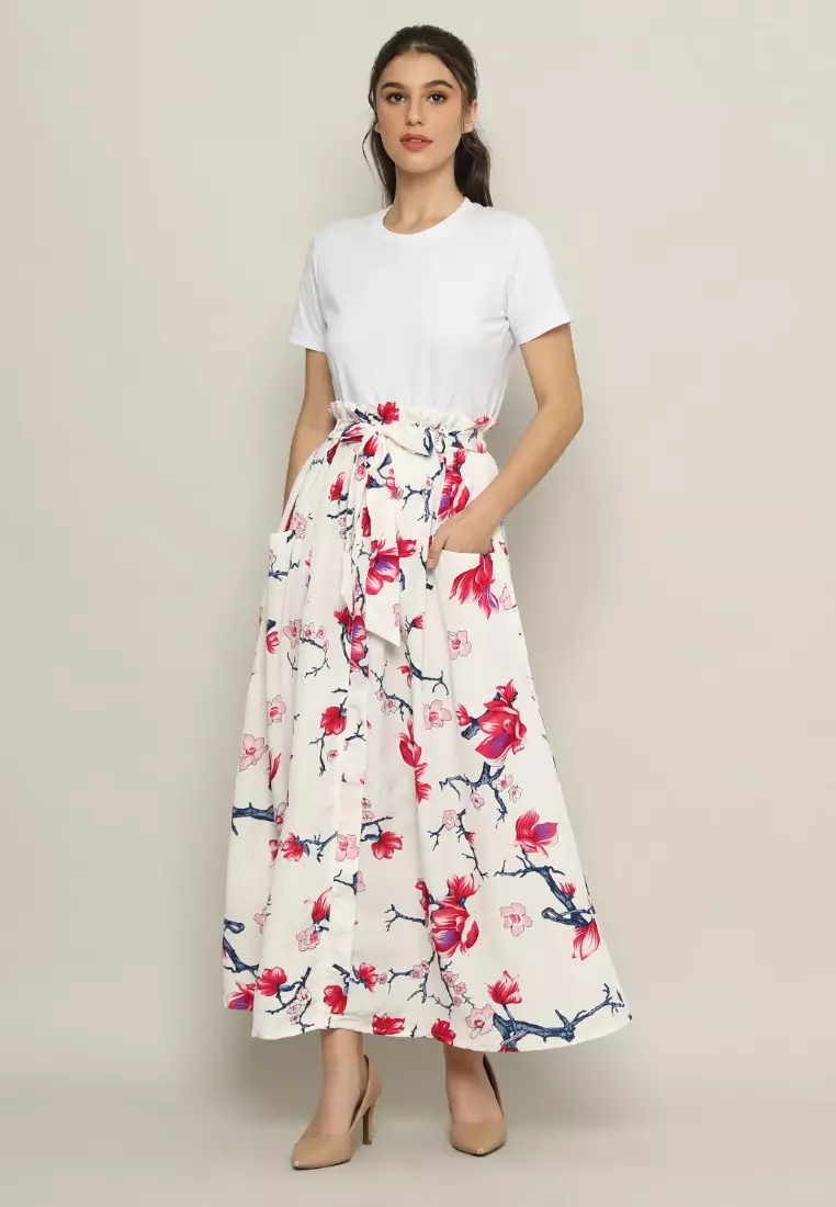 Jual FAME Rok Flowy Wanita Panjang Floral Print Broken White - 9310113 ...