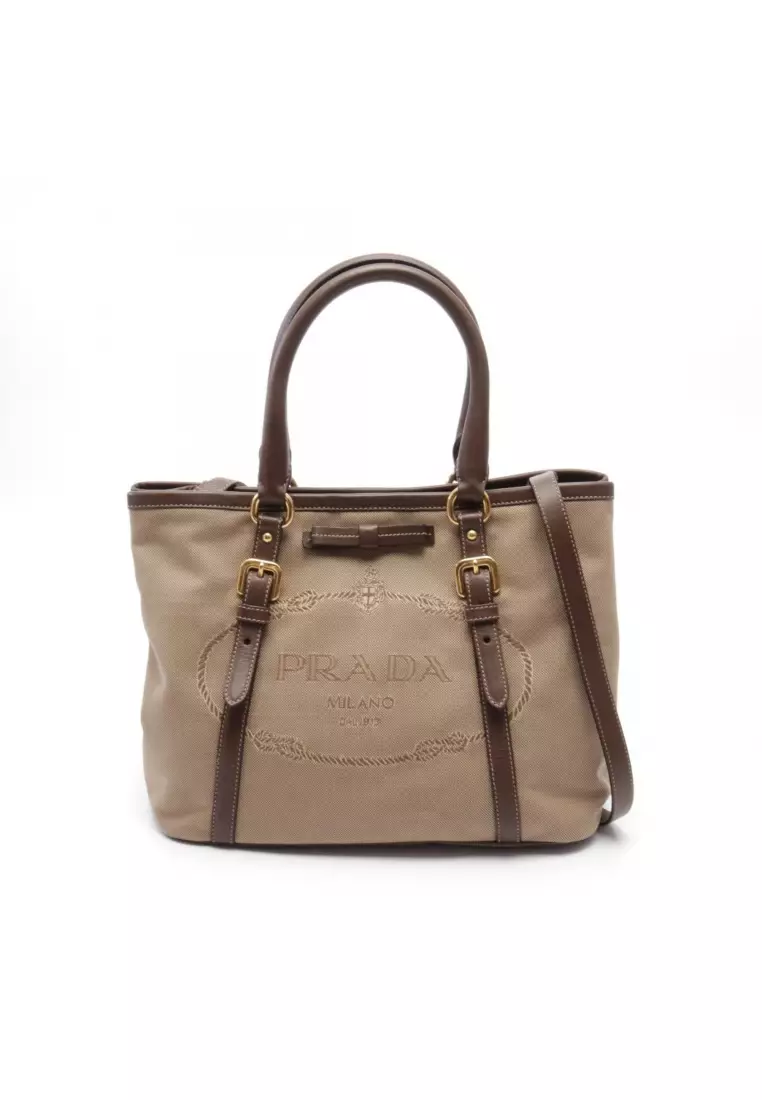 Prada Pre-Loved Prada LOGO JACQUARD logo jacquard Handbag tote bag canvas leather Khaki beige ...