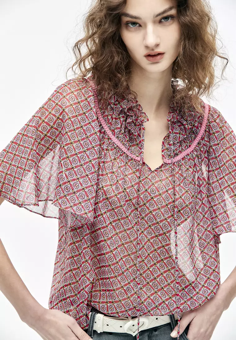 Buy iROO All Over Floral Print Flare Sleeve Top 2025 Online | ZALORA