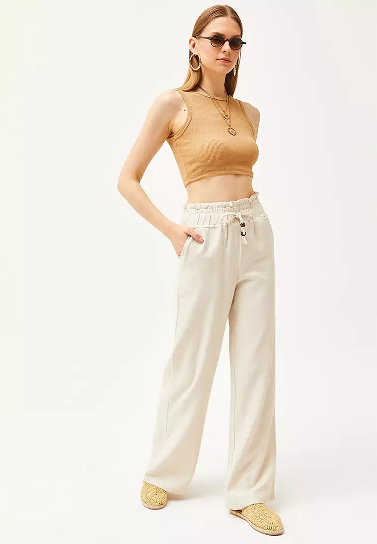 Buy Olalook Stone Pocket Elastic Waist High Waist Linen Trousers Online