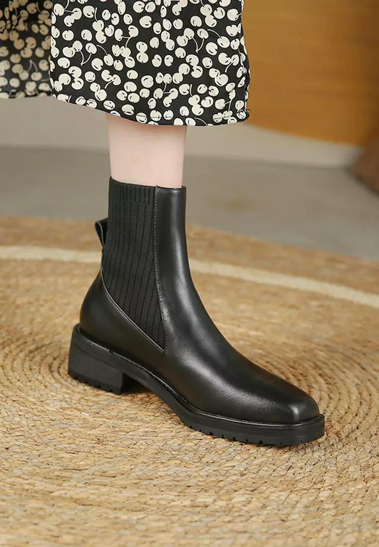 Buy Twenty Eight Shoes VANSA Simple Leather Stretch-Knit Ankle Boots ...