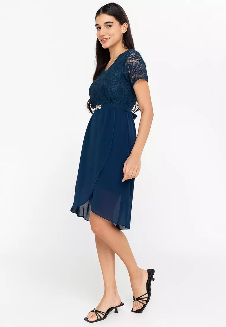 Buy Krizia Krizia Lace Dress with Overlap Skirt & Crystal Belt 2024 ...