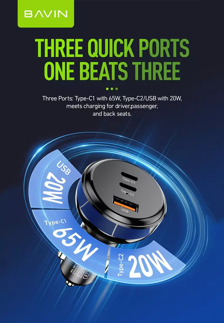 Buy BAVIN Bavin PC855 105W Fast Charging Car Charger With 3 Input Port ...