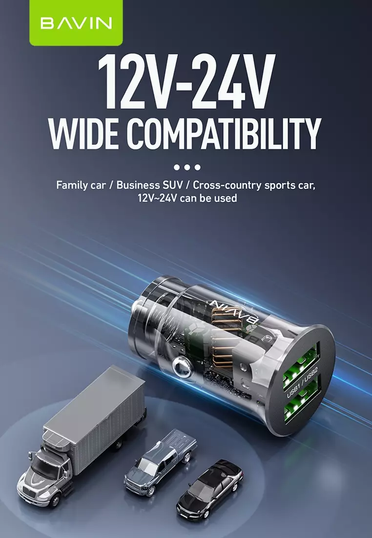 Buy BAVIN PC887 2.4A Car Charger Invisible Compact Double USB Port 12-24V Wide Compatibility For ...