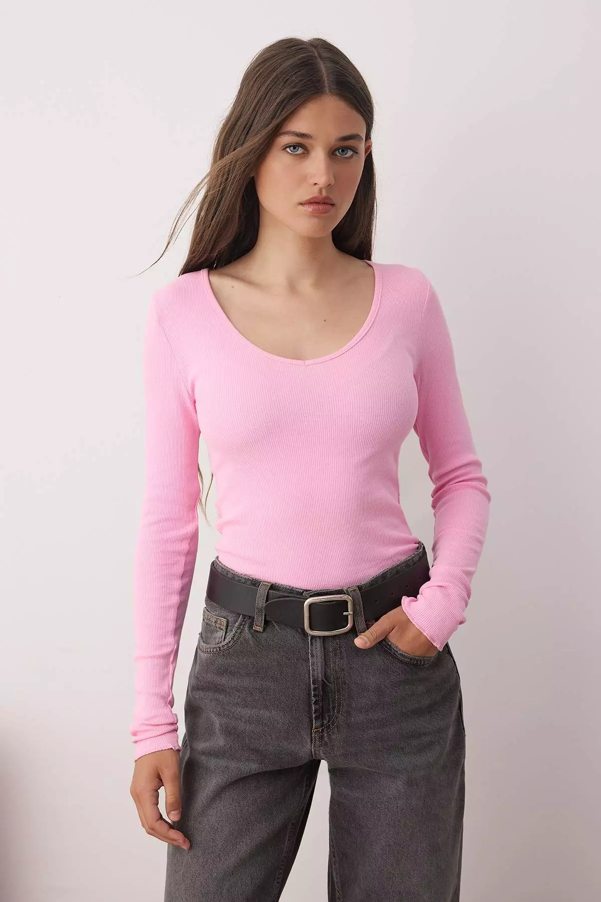 Buy Trendyol Anthracite-Pink 2-Pack V-Neck Fitted/Body-Smoothing Cotton ...