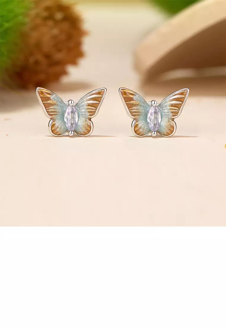 Buy SOEOES 925 Sterling Silver Fashion Simple Enamel Butterfly Stud Earrings with Cubic Zirconia ...