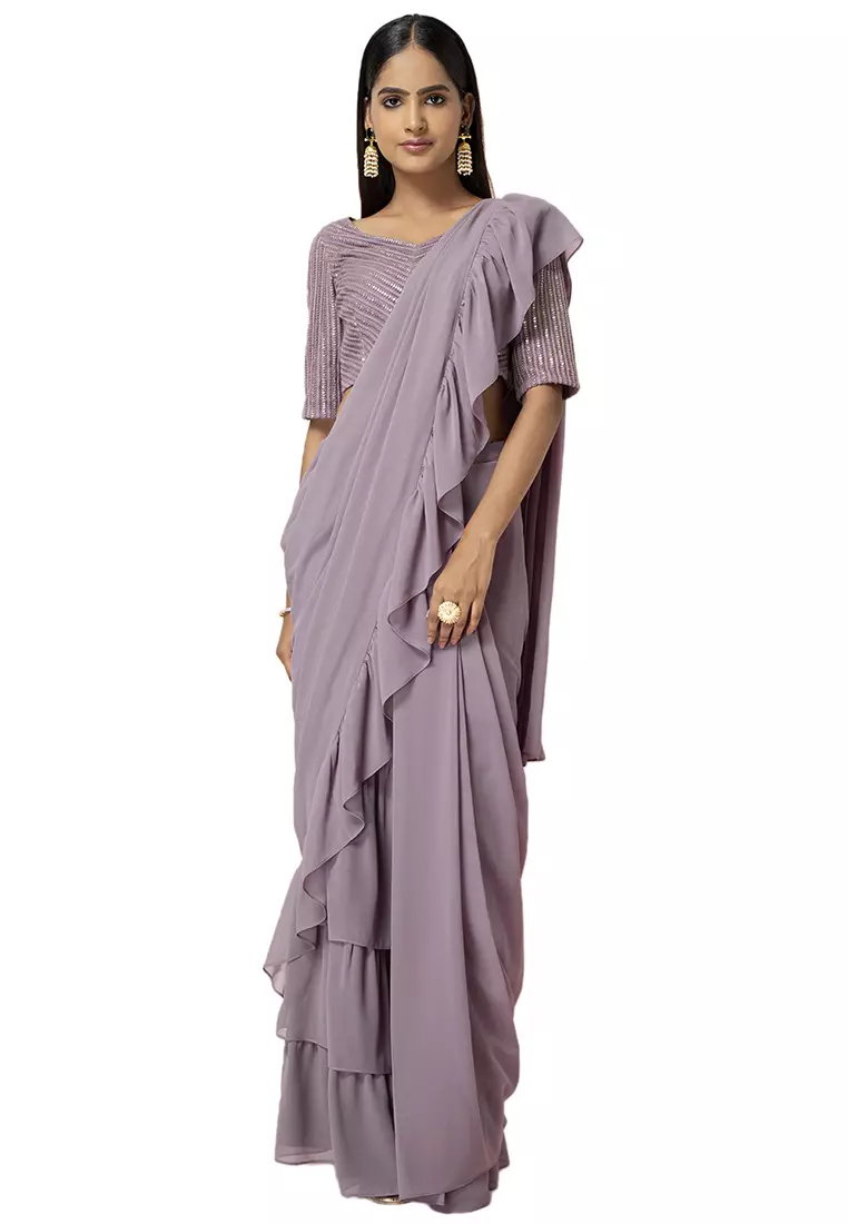 Buy Indya Lavender Ruffled Tiered Pre-Stitched Saree Online | ZALORA ...