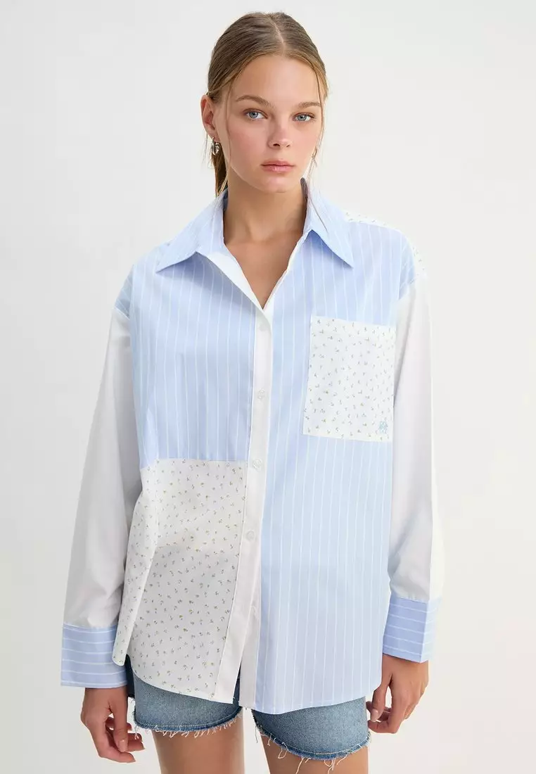 Buy Pomelo Striped Floral Panel Shirt - Blue 2026 Online | ZALORA
