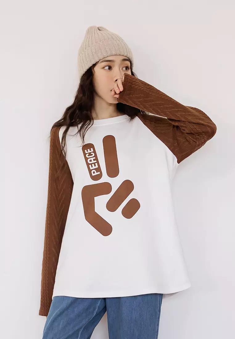 Buy OBSTYLE Textured Raglan Sleeve Printed Long Sleeve Top [AB19207 ...