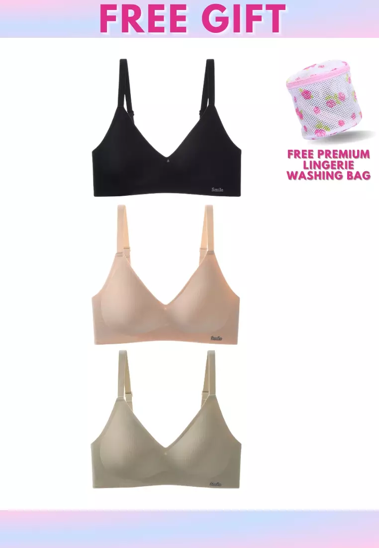 Kiss & Tell 3 Pack Premium Melanie Seamless Wireless Padded Support Bra in Green, Nude and Black ...