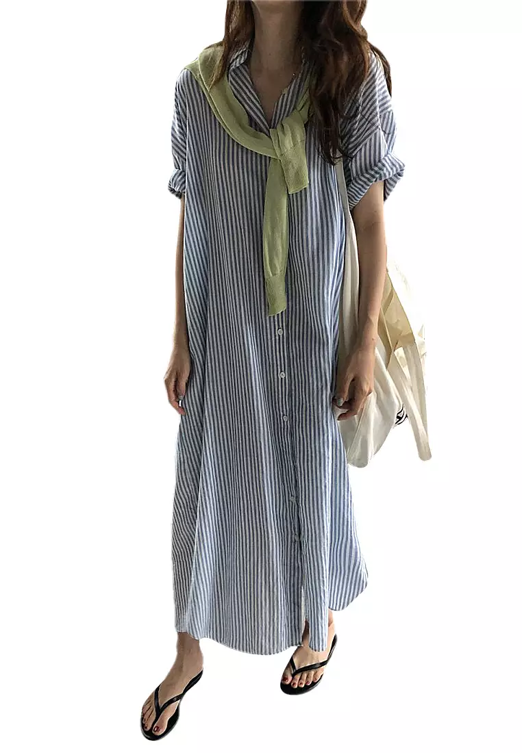 Buy Sunnydaysweety 2024 Lazy Striped Loose Long DresNew Summer ...