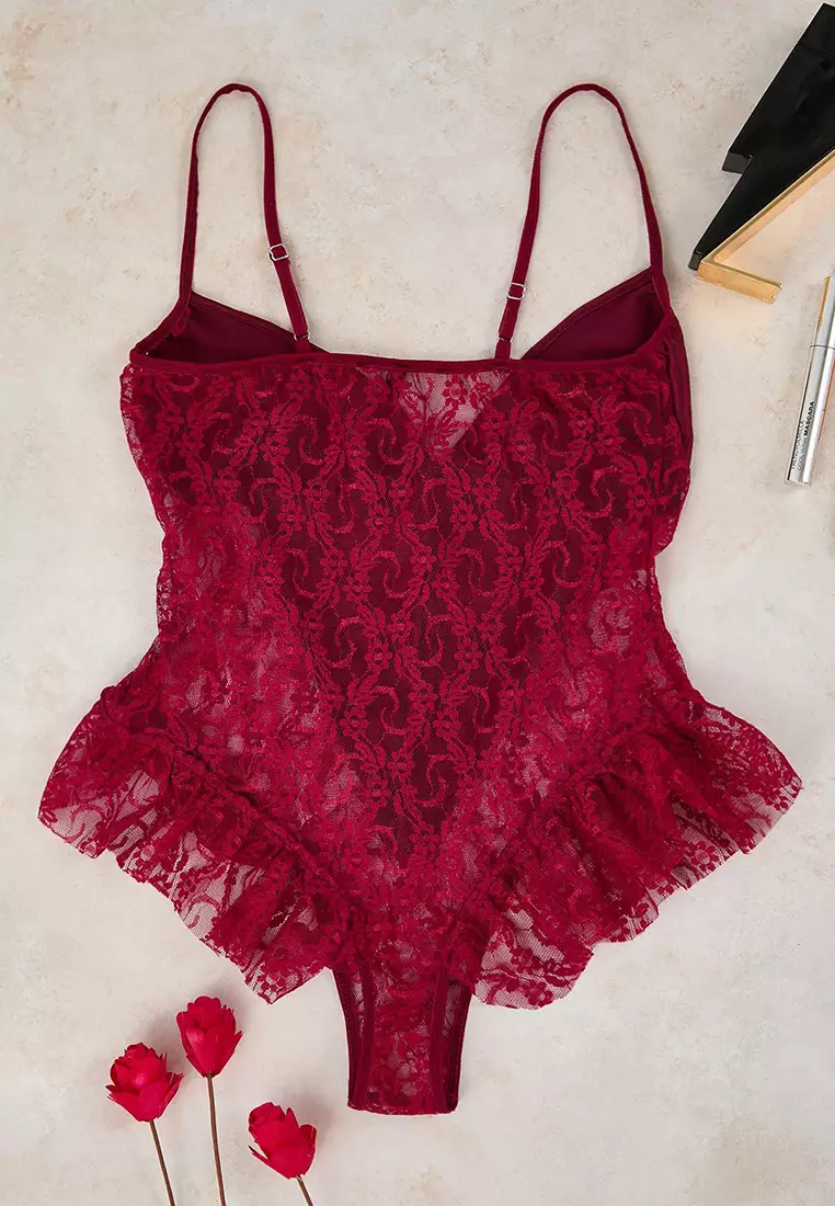 Buy Trendyol Burgundy Lace And Satin Together Ruffled Capless Fancy ...
