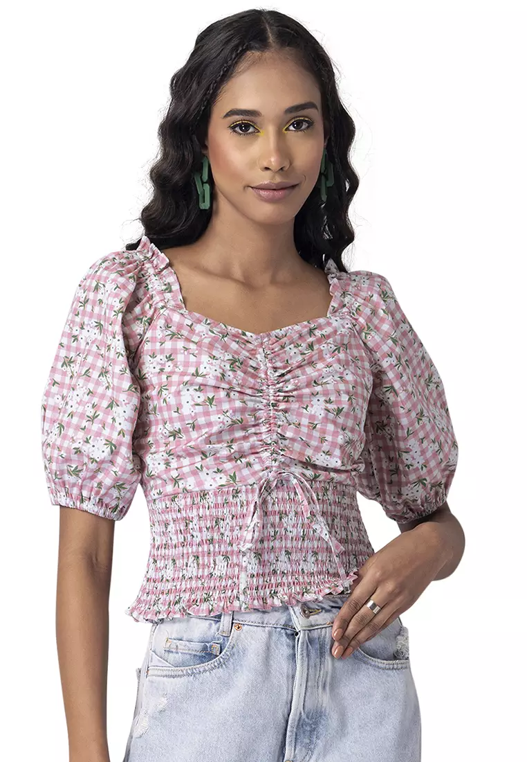 Buy FabAlley Pink Cotton Floral Print Smocked Top Online | ZALORA Malaysia