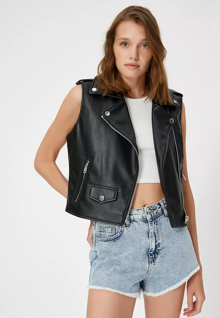 Jual KOTON Faux Leather Vest Zippered Pocket Detail Double Breasted ...