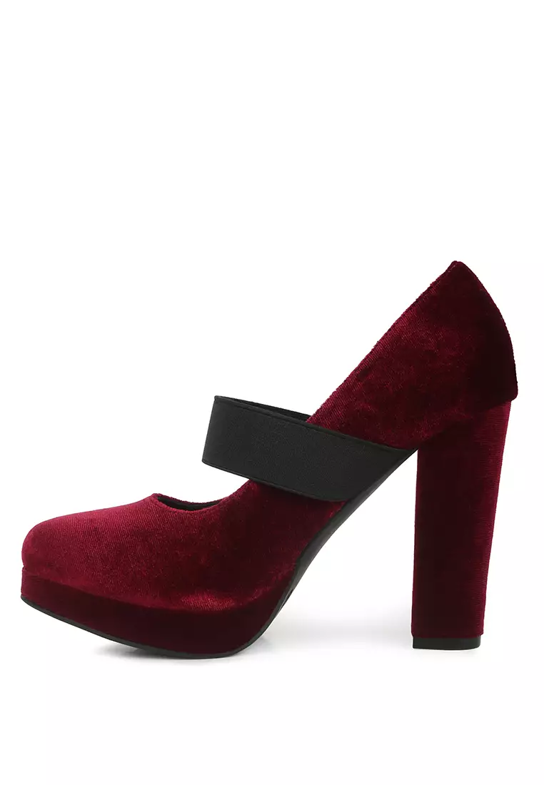 London Rag Burgundy High Block Heel Velvet Pumps 2024 | Buy London Rag ...