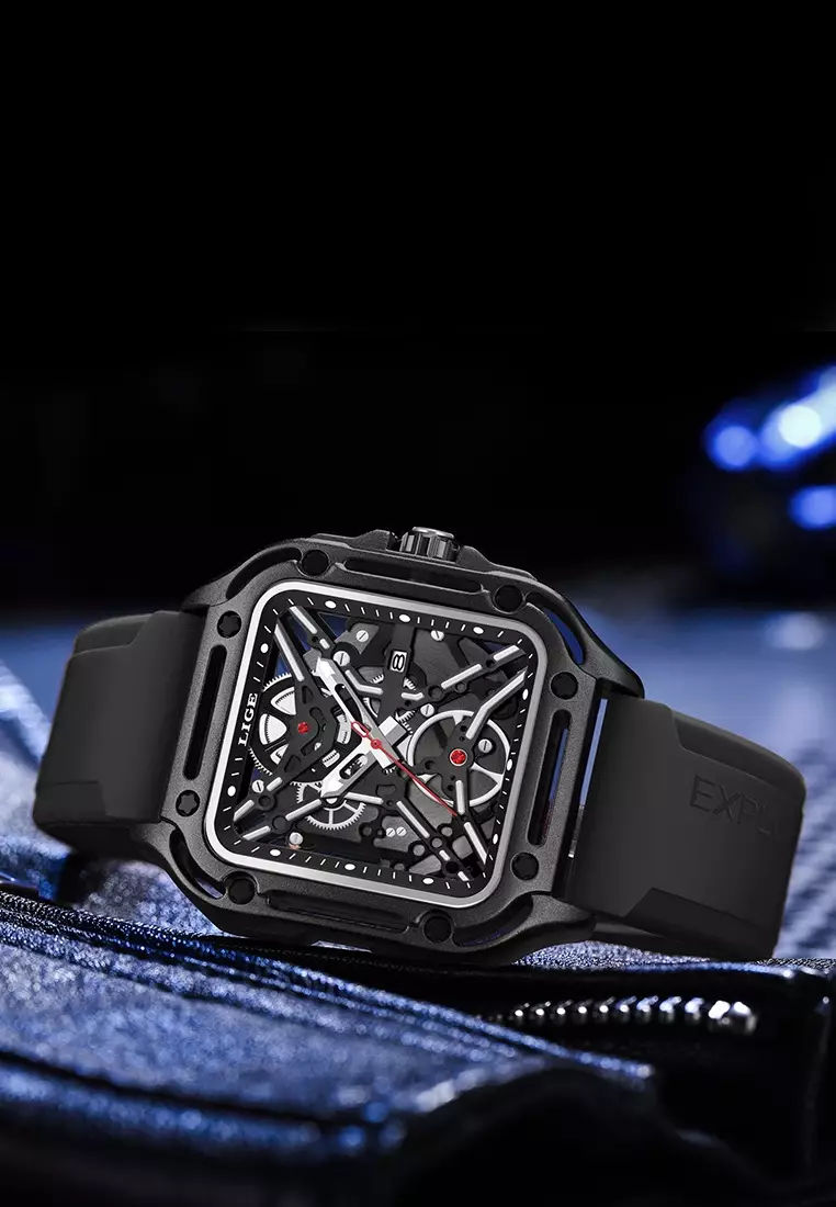 LIGE Unisex See Through Dial Square Quartz Watch 45mm, Black Rubber ...