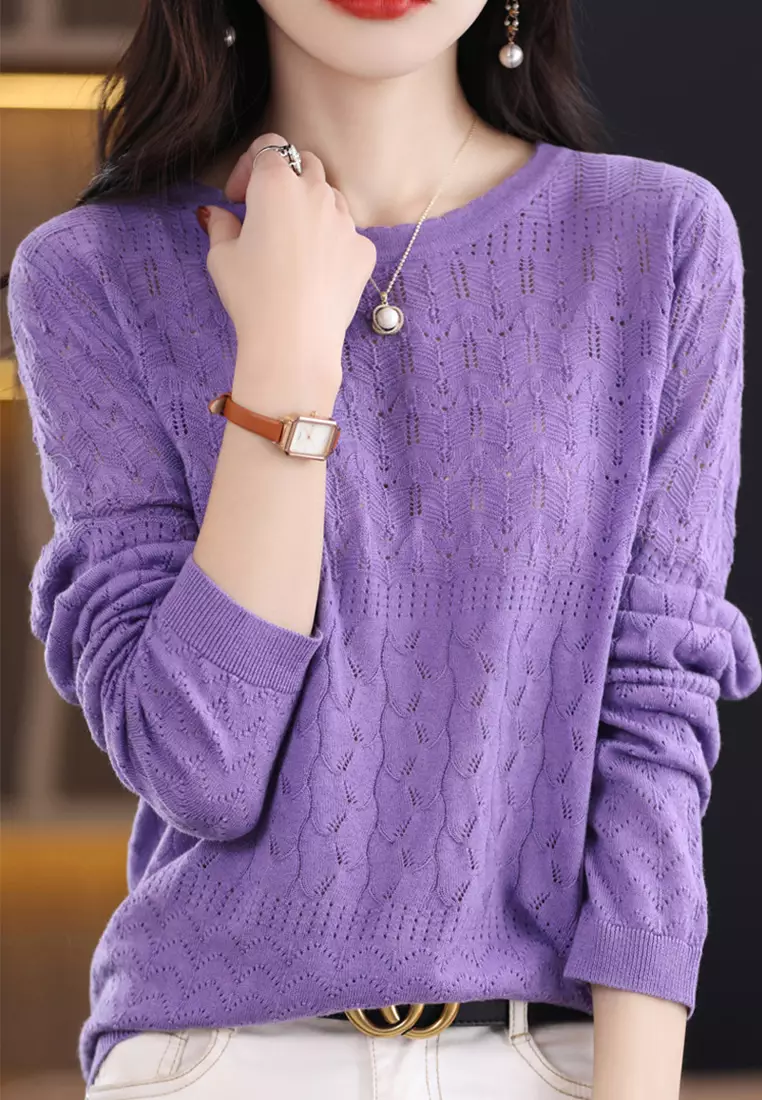 HAPPY FRIDAYS Artificial Wool Hollow Out Pattern Long Sleeves Pullover ...