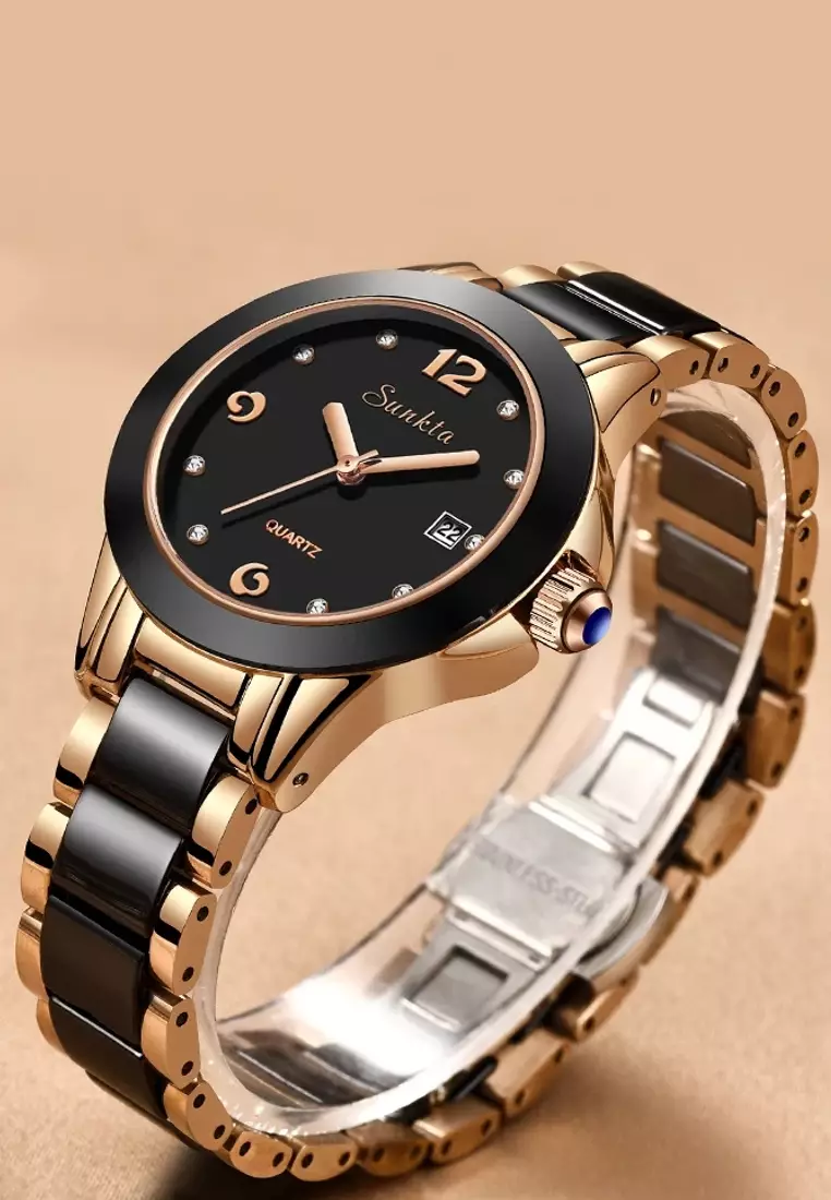 Buy LIGE SUNKTA Black Ceramic Ladies Quartz Watch, 33mm, IP Rose Gold ...