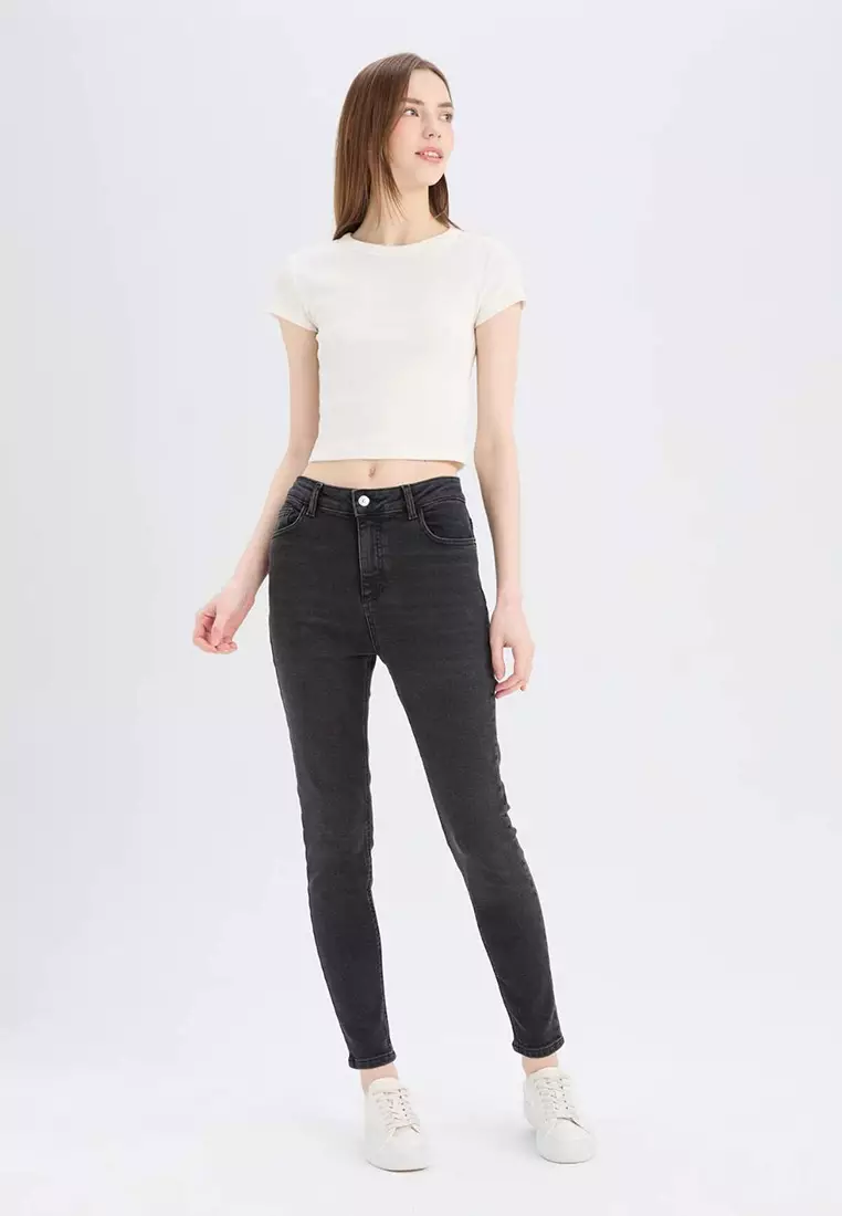 Buy DeFacto Skinny Fit High Waist Straight Leg Long Jean Snow Washed ...