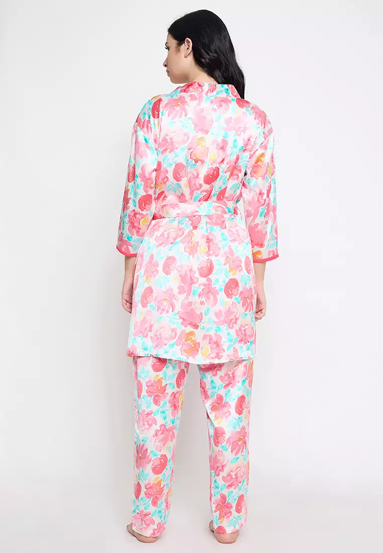 Buy Clovia Clovia Floral Print 3 Piece Nightwear Set in Peach- Satin ...