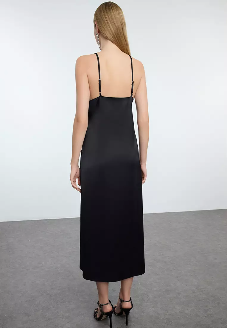 Buy Trendyol Black Window/Cut Out Detailed Bow Satin Elegant Evening ...