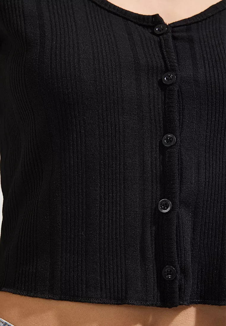 Buy Trendyol Black Plaid Crop Pool Collar Ribbed Flexible Knit Blouse ...