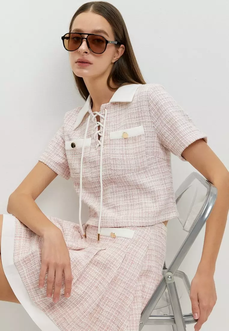 Buy Pomelo Lace-Up Tweed Top - Light Pink Online | ZALORA Malaysia