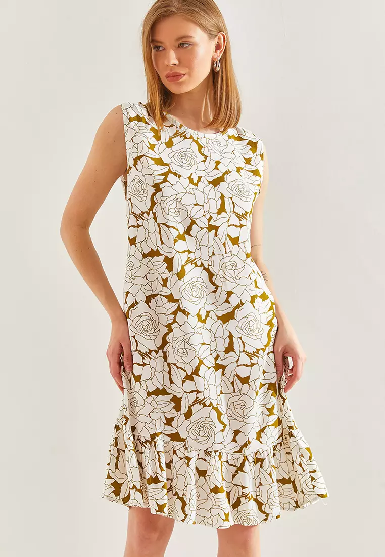 Buy Bianco Lucci Viscose Dress with Ruffled Skirt and Floral Pattern ...