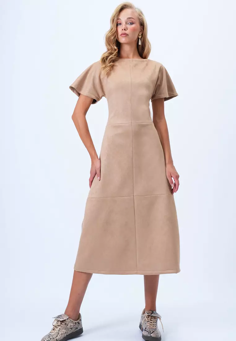 Buy Alacati Women's Beige Boat Neck Hidden Zippered Dart And Stitch ...