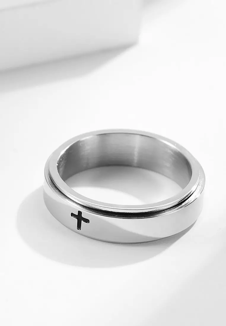 Buy HAPPY FRIDAYS Rotatable Design Minimal Cross Titanium Steel Ring JW ...