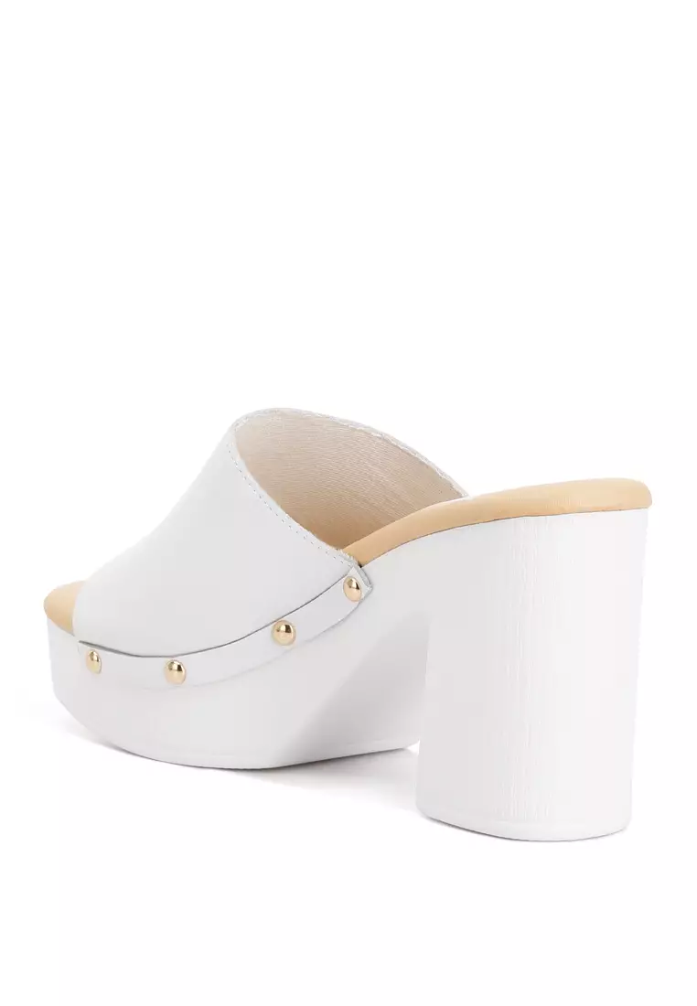 Buy Rag & CO White Recycled Leather Block Heel Clogs 2025 Online ...