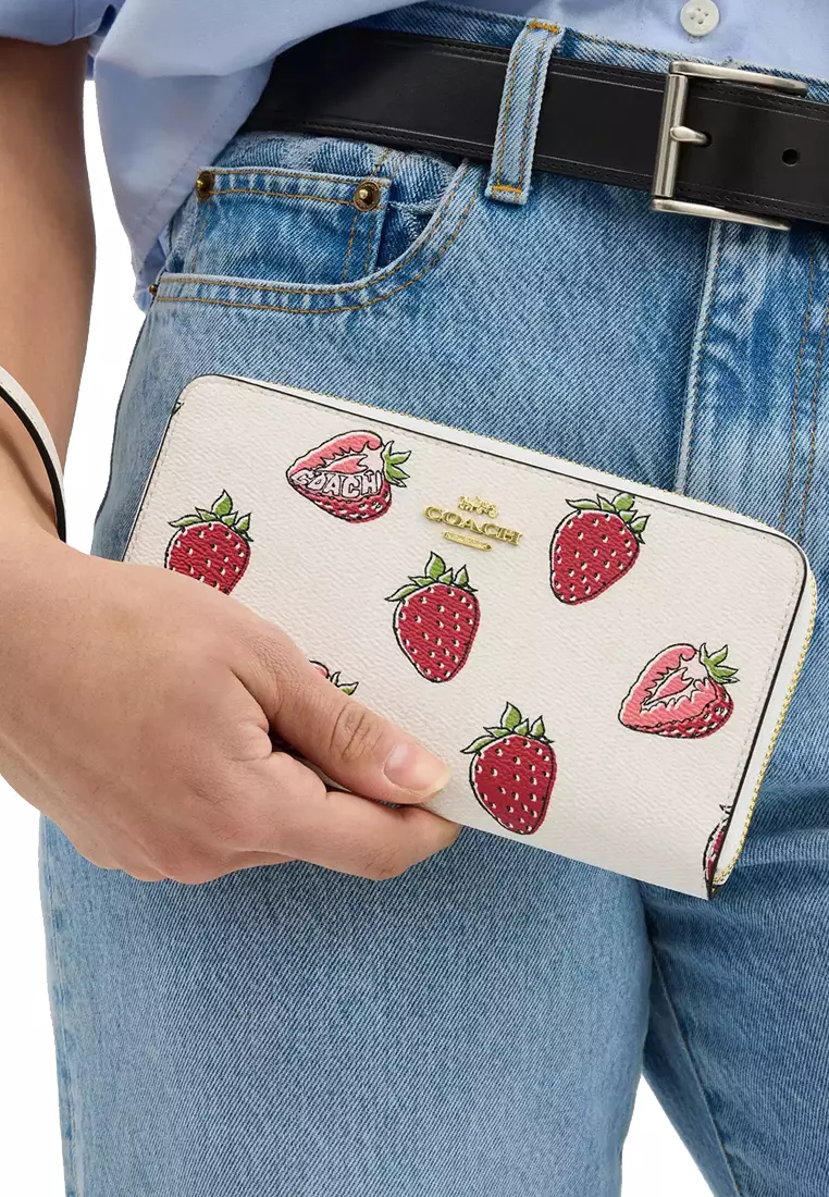 Buy Coach Long Zip Around Wallet With Strawberry Print in Chalk Multi ...