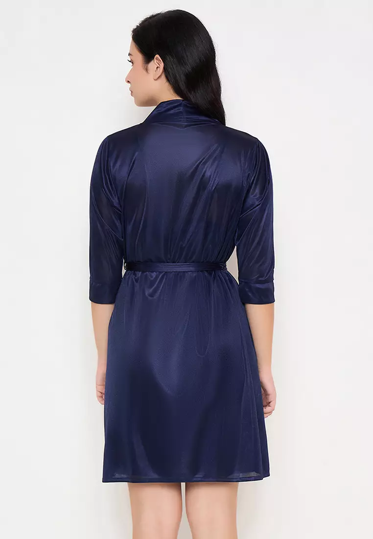 Clovia Clovia Chic Basic Short Night Dress & Robe Set in Navy 2025 ...