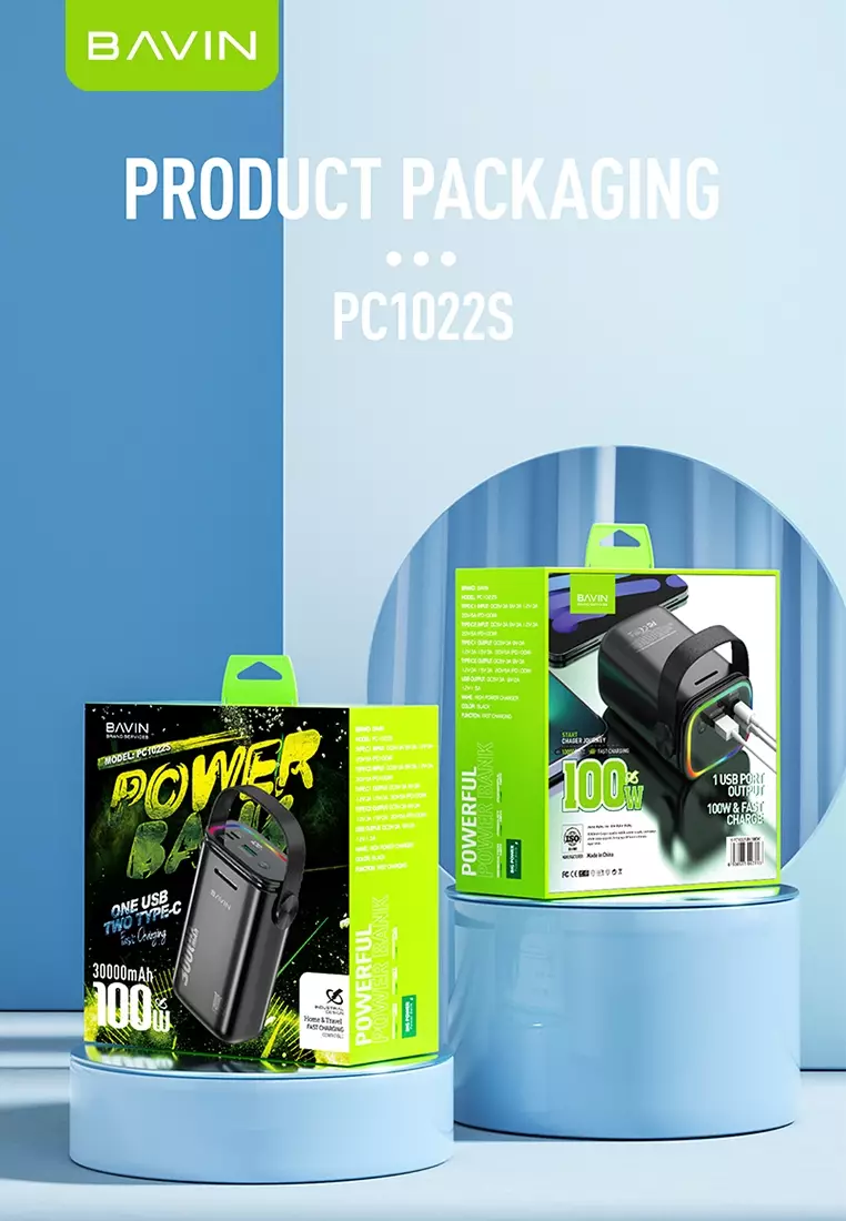 Buy BAVIN PC1022 30000mAh 100W Fast Charging RGB Power Bank PD Type C 18W Output + Dual USB Port ...