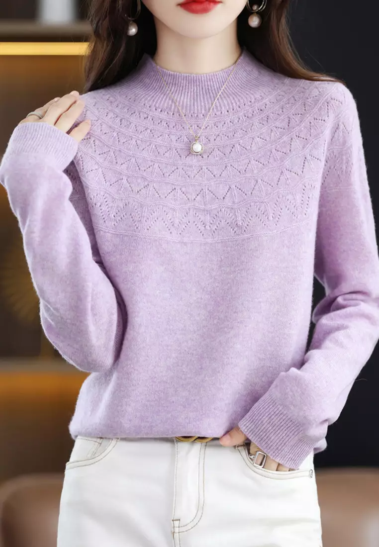 Buy HAPPY FRIDAYS Hollow Out Pattern Wool Long Sleeves Half Turtleneck ...