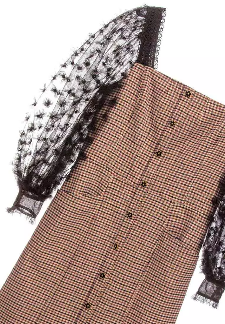 Buy iROO Checkered Print Dress With Mesh Sleeves Online | ZALORA Malaysia