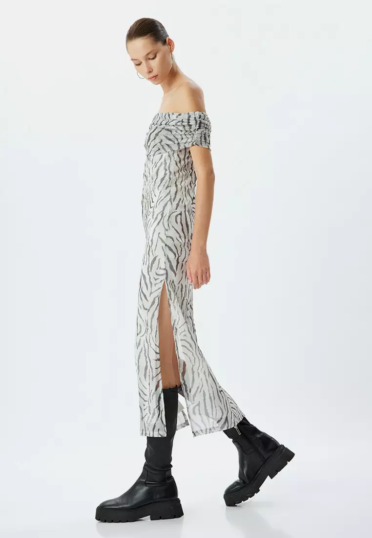 Jual KOTON Long Tulle Dress Madonna Neck Off the Shoulder Zebra Print ...