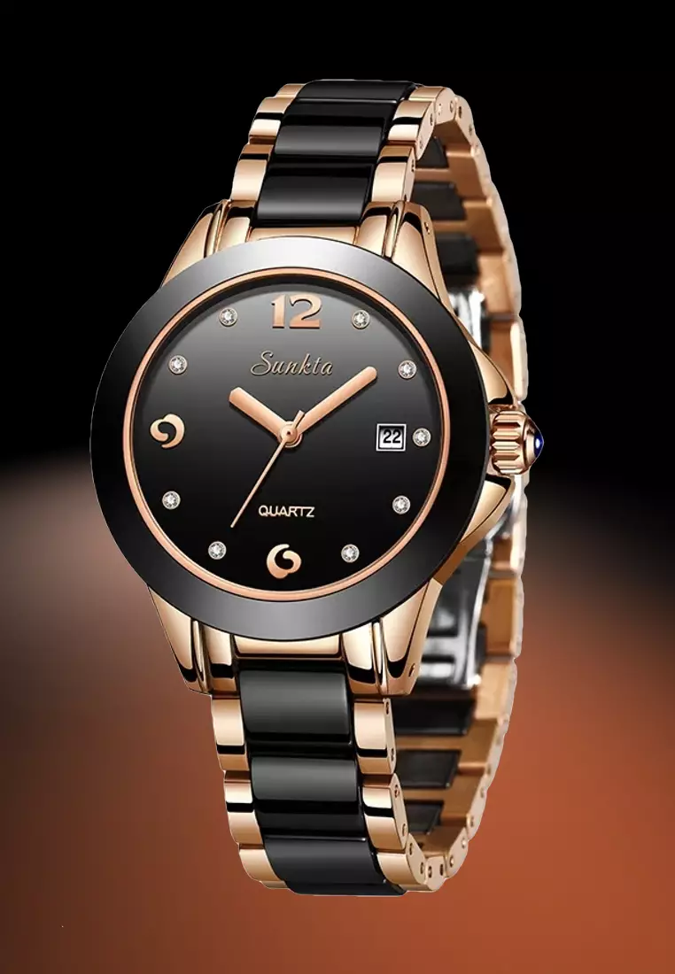 Buy LIGE SUNKTA Black Ceramic Ladies Quartz Watch, 33mm, IP Rose Gold ...