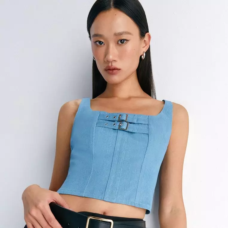 Buy Pomelo Double Buckle Belt Detail Denim Cami Top - Light Blue 2025 ...