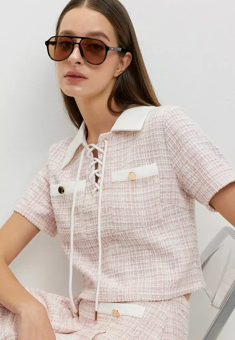Buy Pomelo Lace-Up Tweed Top - Light Pink Online | ZALORA Malaysia
