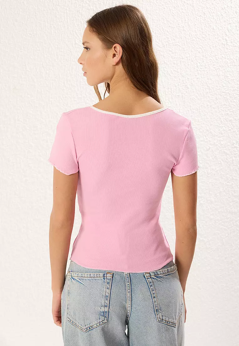 Buy Trendyol Pink Bow Contrast Piping Detail Fitted Elastic Knitted ...