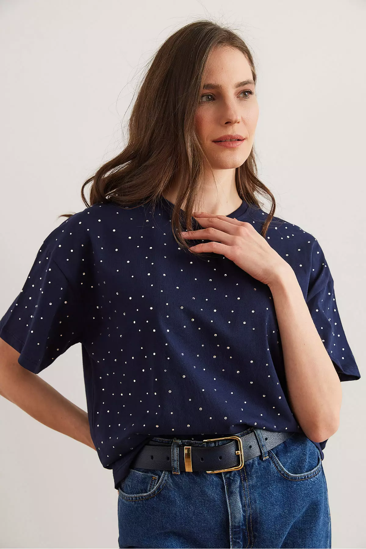 Buy Olalook Women's Navy Blue Print Stone Detailed Regular Fit T-Shirt ...