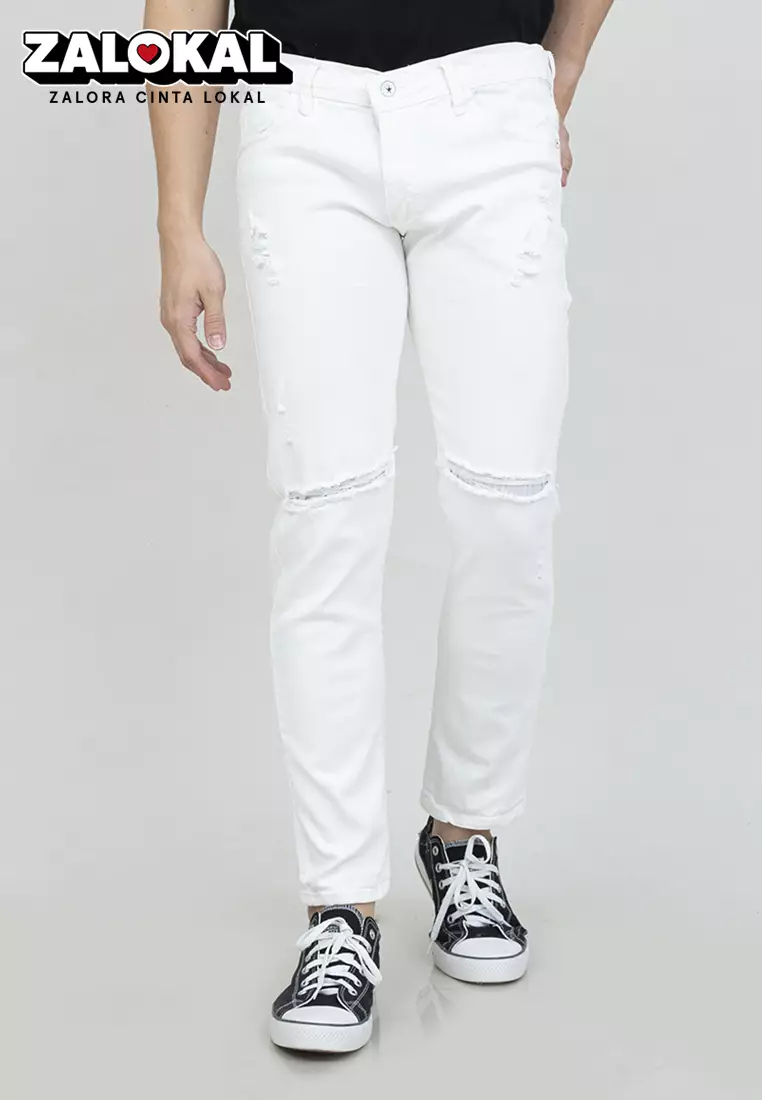 Jual House of Cuff Celana jeans putih sobek ripped slim fit denim slim ...