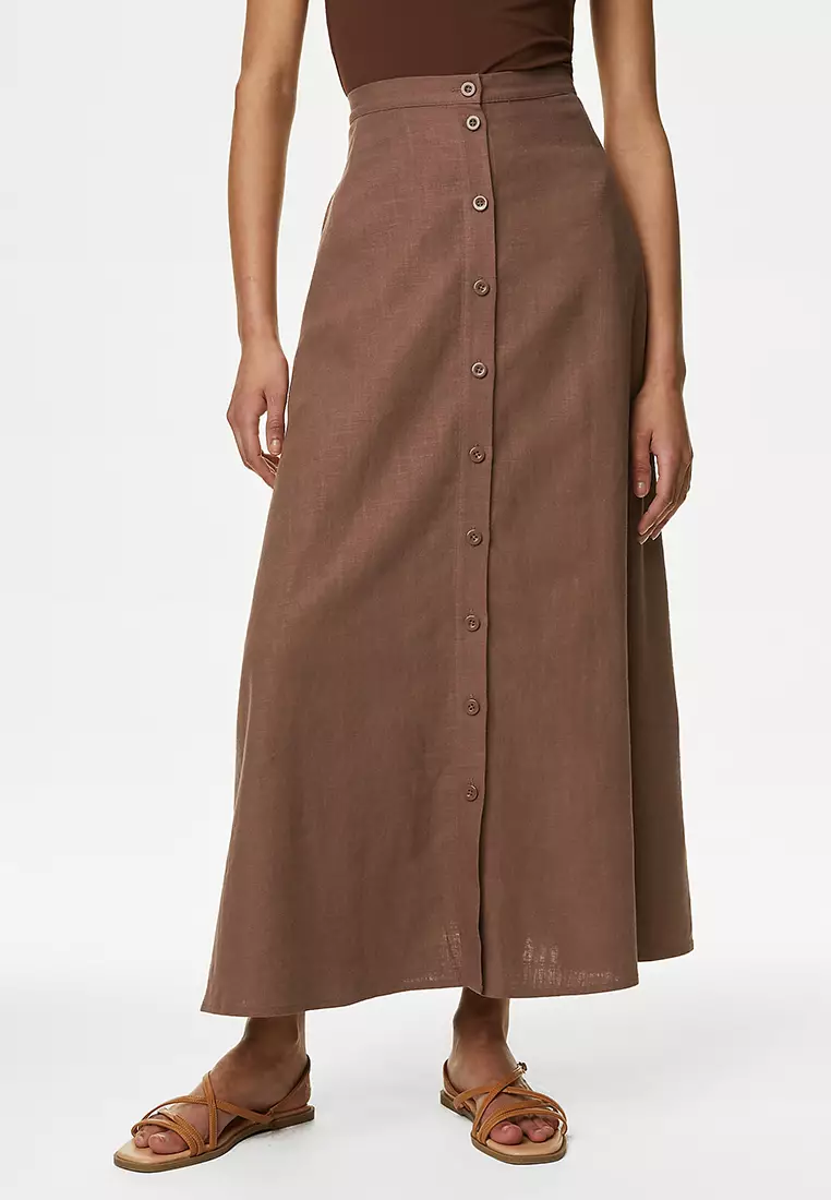 Jual Marks & Spencer Linen Blend Button Front Midaxi Column Skirt ...