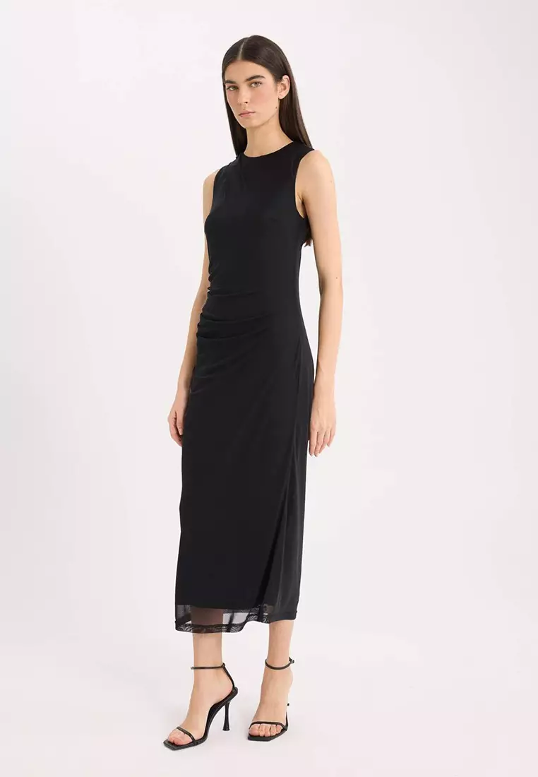 Buy DeFacto Bodycon Body Hugging Round Neck Basic Plain Tulle ...