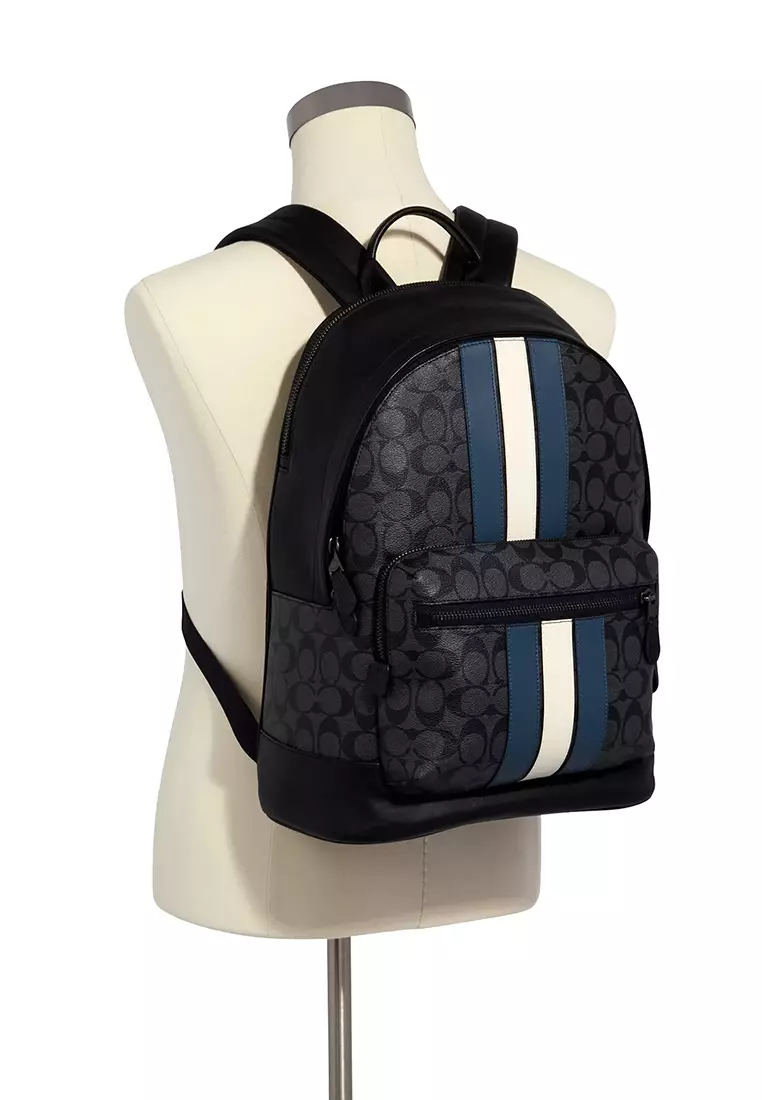 Coach West Backpack In Signature Canvas With Varsity Stripe Charcoal ...