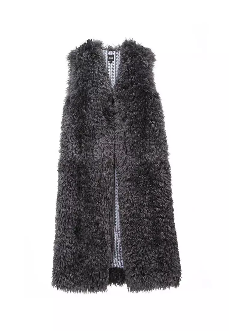 Buy iROO Faux Fur Long Grey Vest 2025 Online | ZALORA
